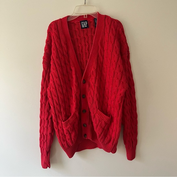 GAP | Sweaters | Vintage Gap Cable Knit Cardigan Sweater Large Red ...